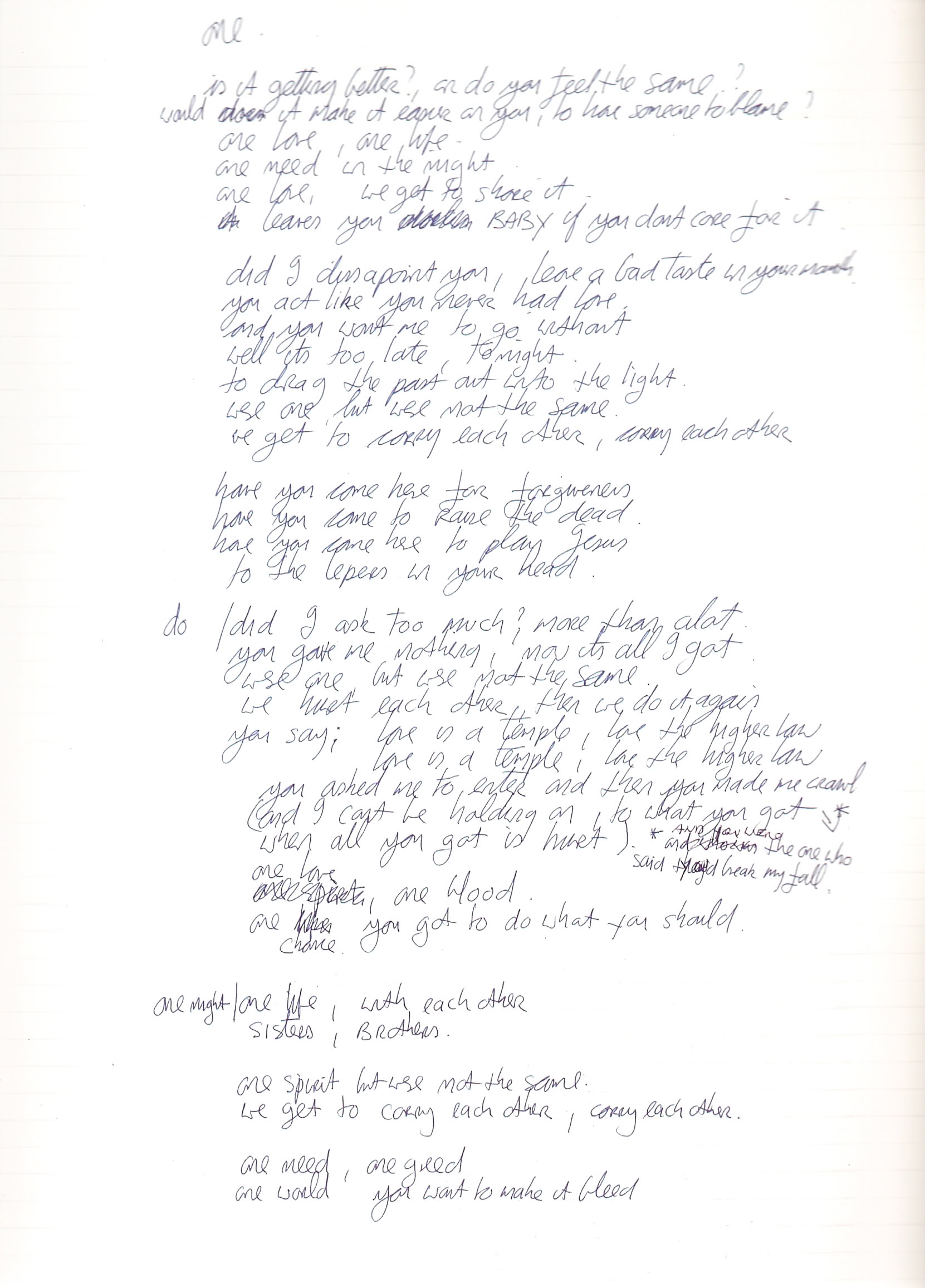 Pop Icons Bono's Handwritten Lyrics to One, Ordinary Love, Please and more